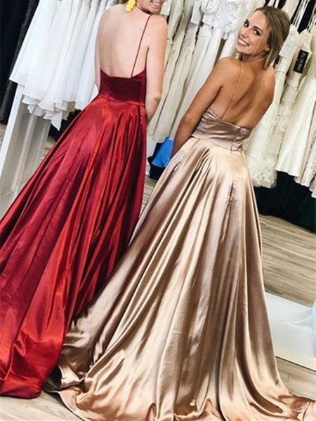 Simple V Neck Champagneburgundy Spaghetti Straps Long Backless Prom D