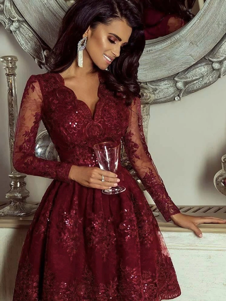 A Line V Neck Burgundy Lace Short Prom Dresses Long Sleeves Short Bur