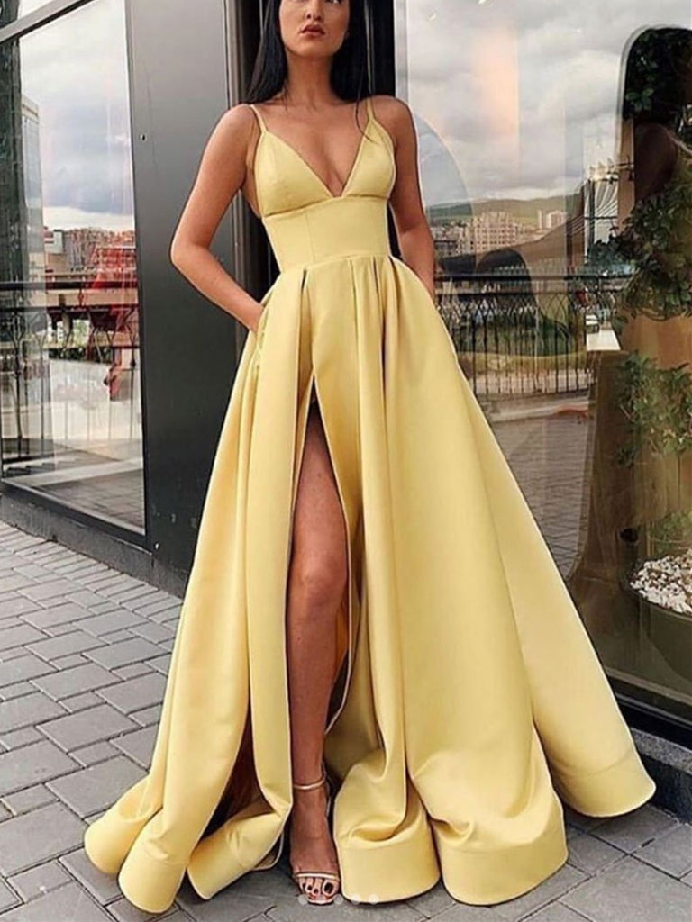 Yellow V Neck Satin Long Prom Dress With Leg Slit Yellow Formal Even