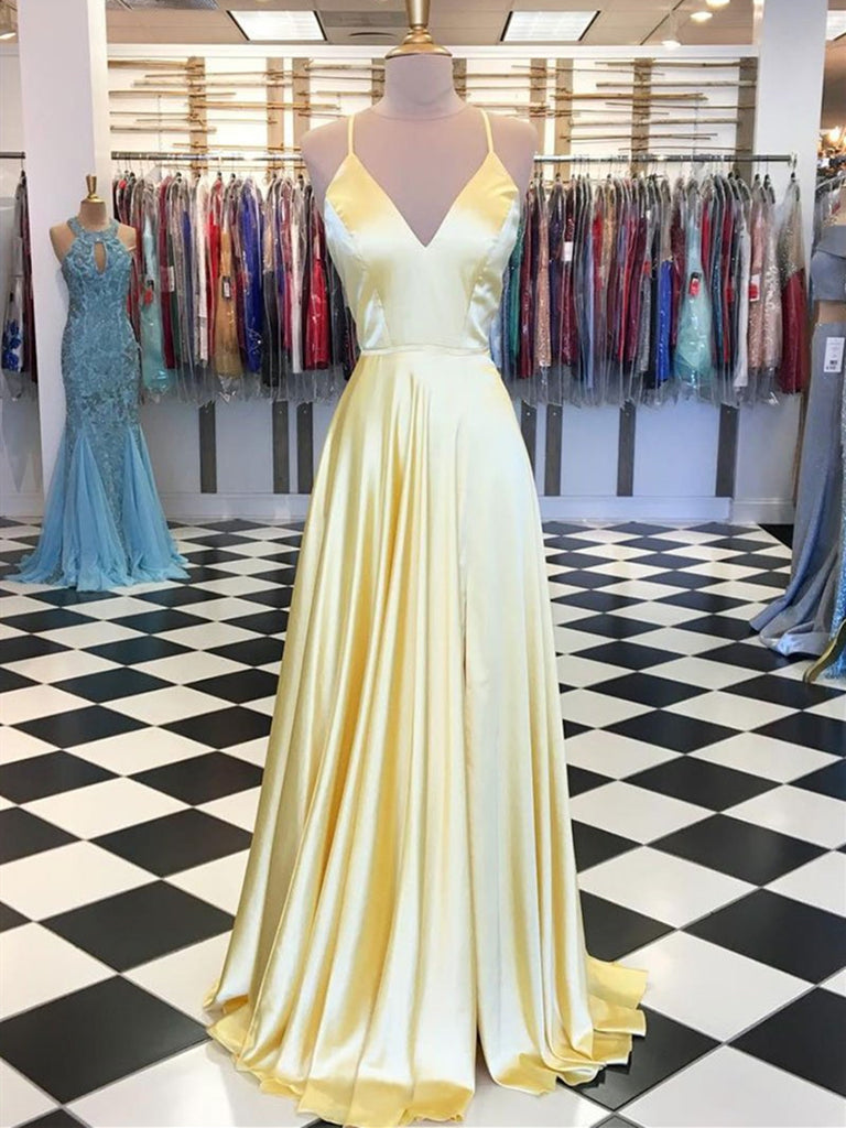 V Neck Yellow Satin Long Prom Dress V Neck Yellow Satin Long Formal E