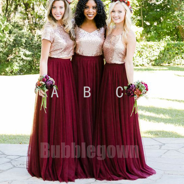 Popular Mismatched Sequin Top Tulle Long Bridesmaid Dresses Bd008