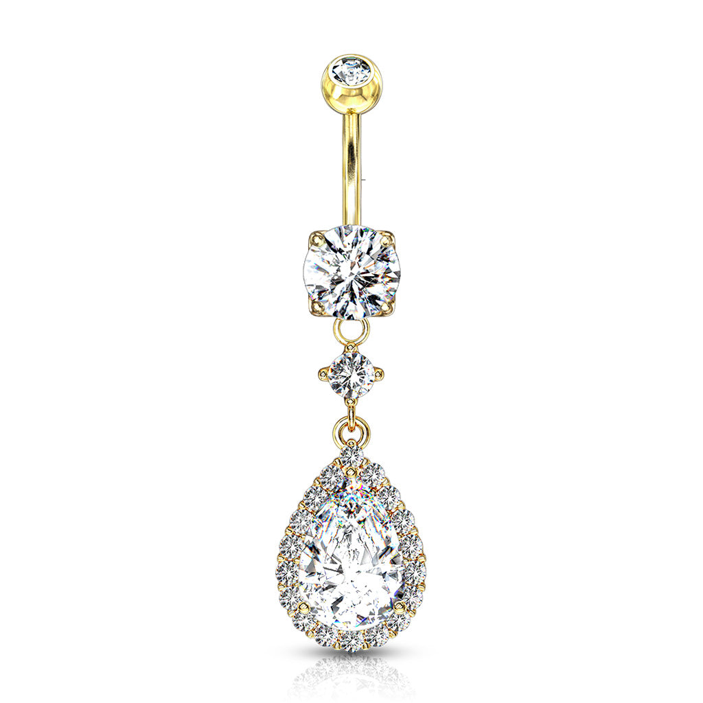 Large Tear Cz Shape Dangle 14kt Gold Plated Navel Belly Button Ring