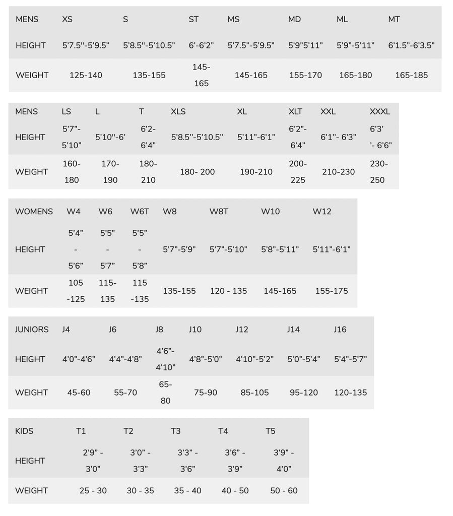 Buell Surf Wetsuit Size Chart Surf Ontario