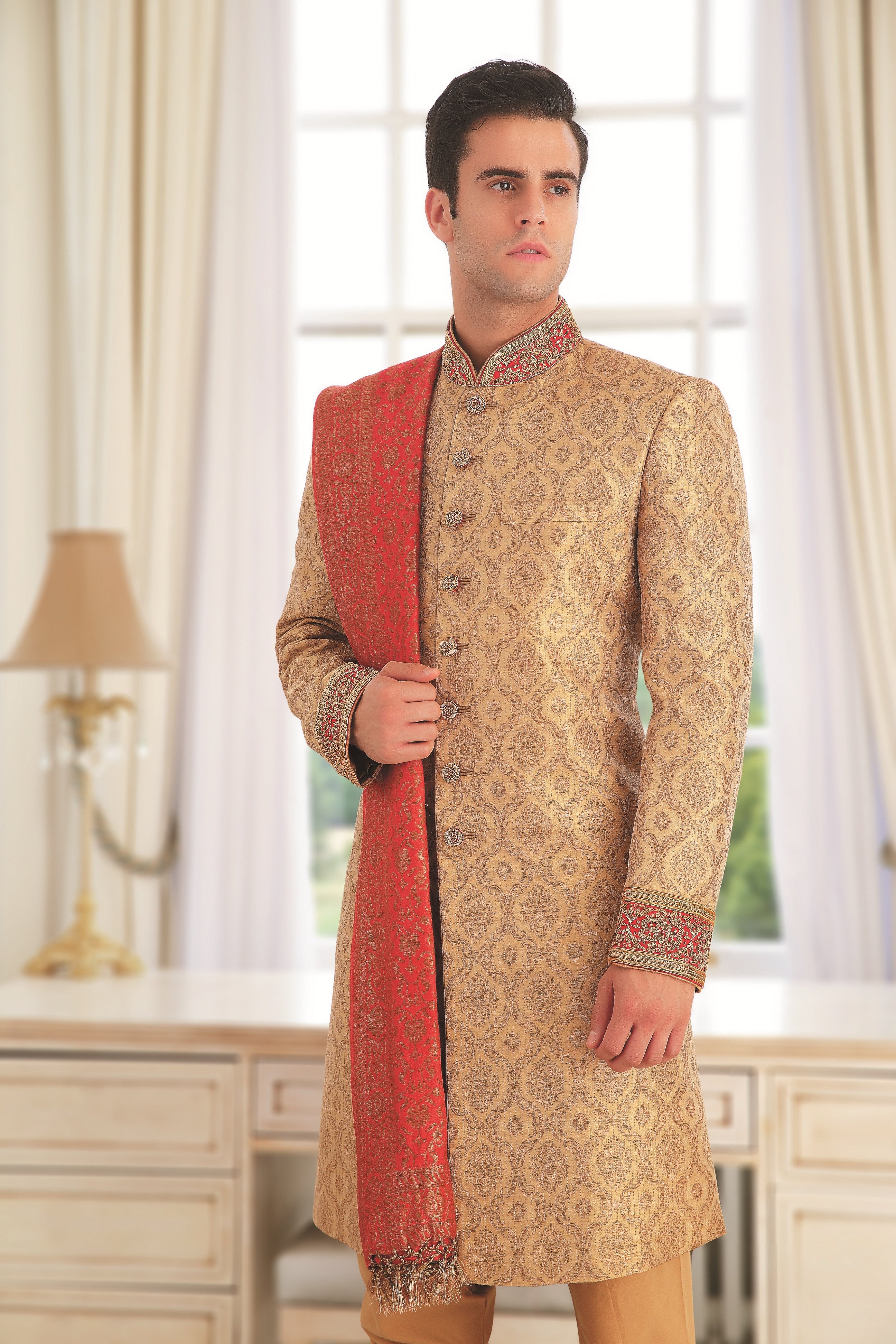 Mens Gold Sherwani With Red Dupatta Sahil Exclusive