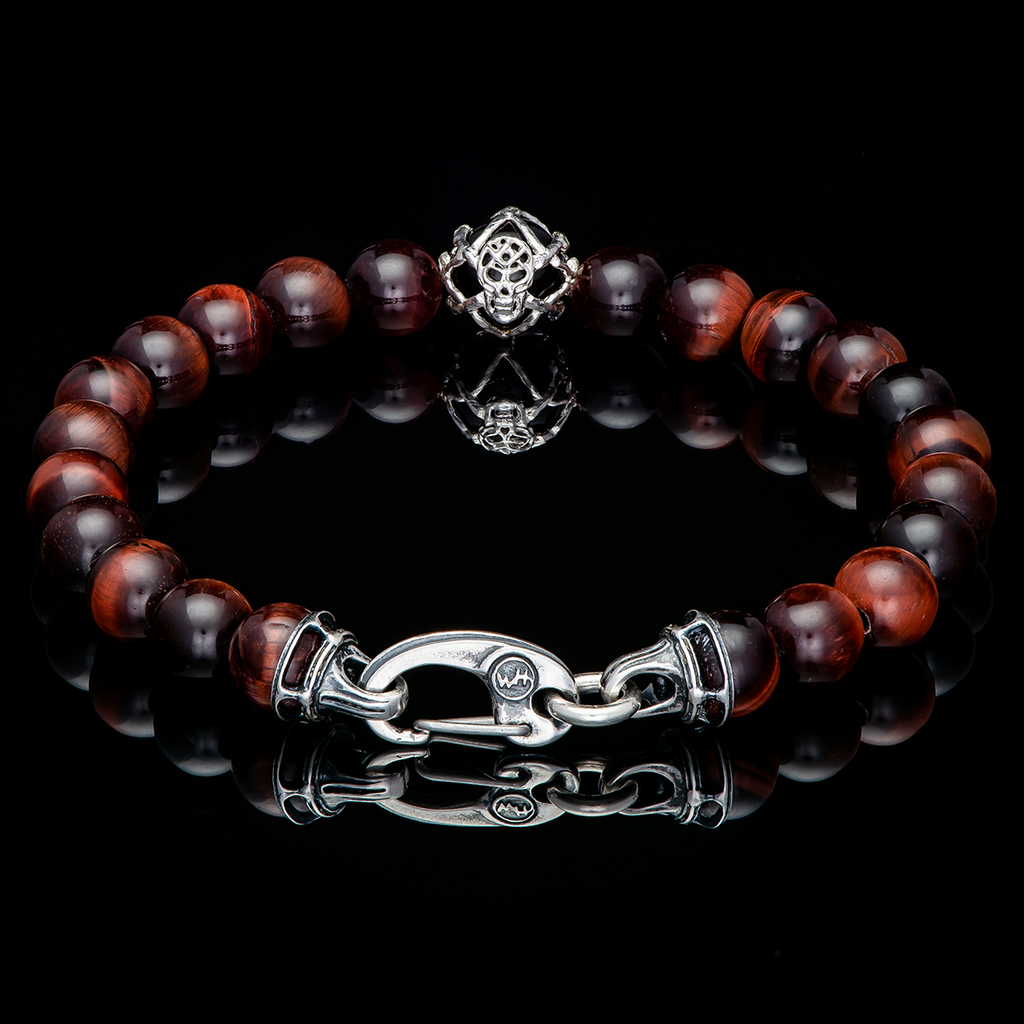 William Henry Sunset Red Tigers Eye Bead Silver Bracelet For Men