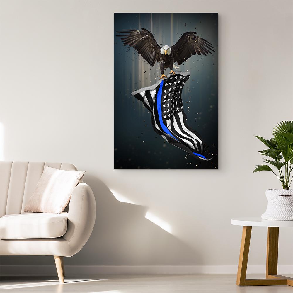 Thin Blue Line Eagle And American Flag Canvas Wall Art Heroic Defender