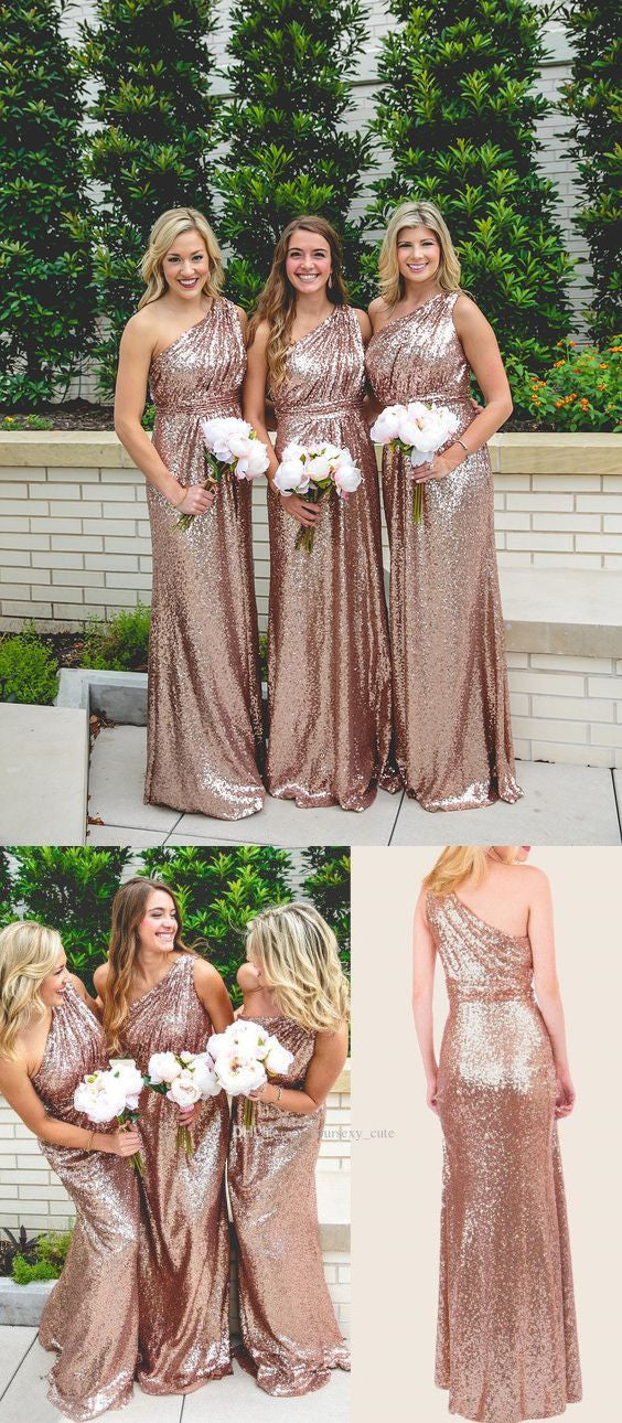 Rose Gold One Shoulder Bridesmaid Dresses Long Sequin Bridesmaid