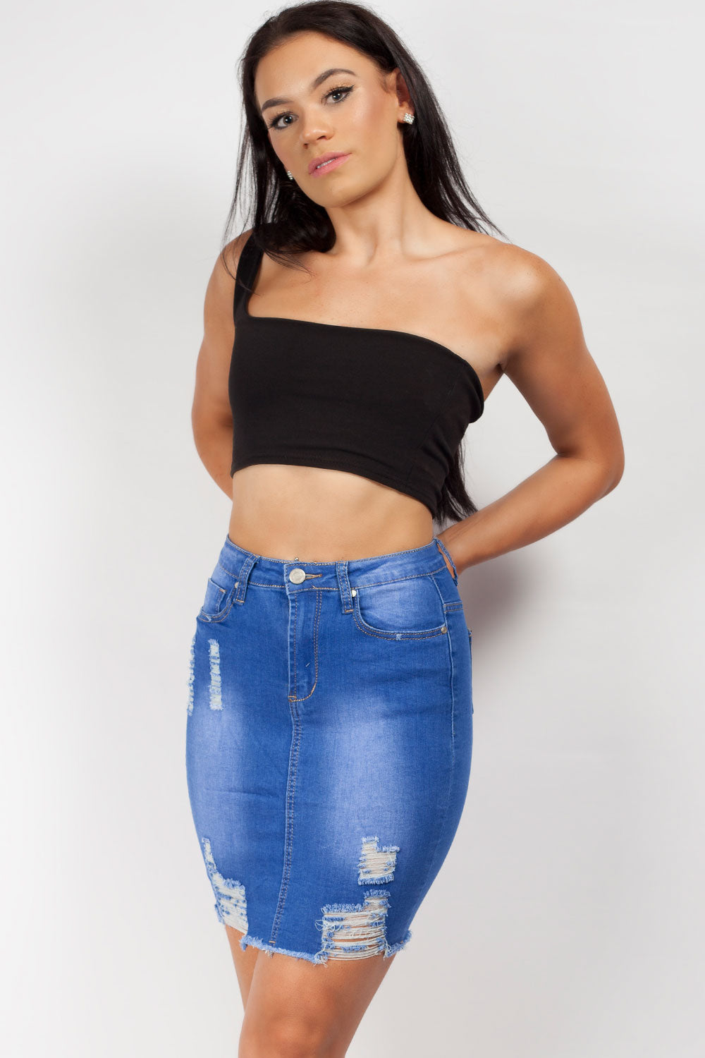 Distressed Denim Mini High Waisted Skirt Uk