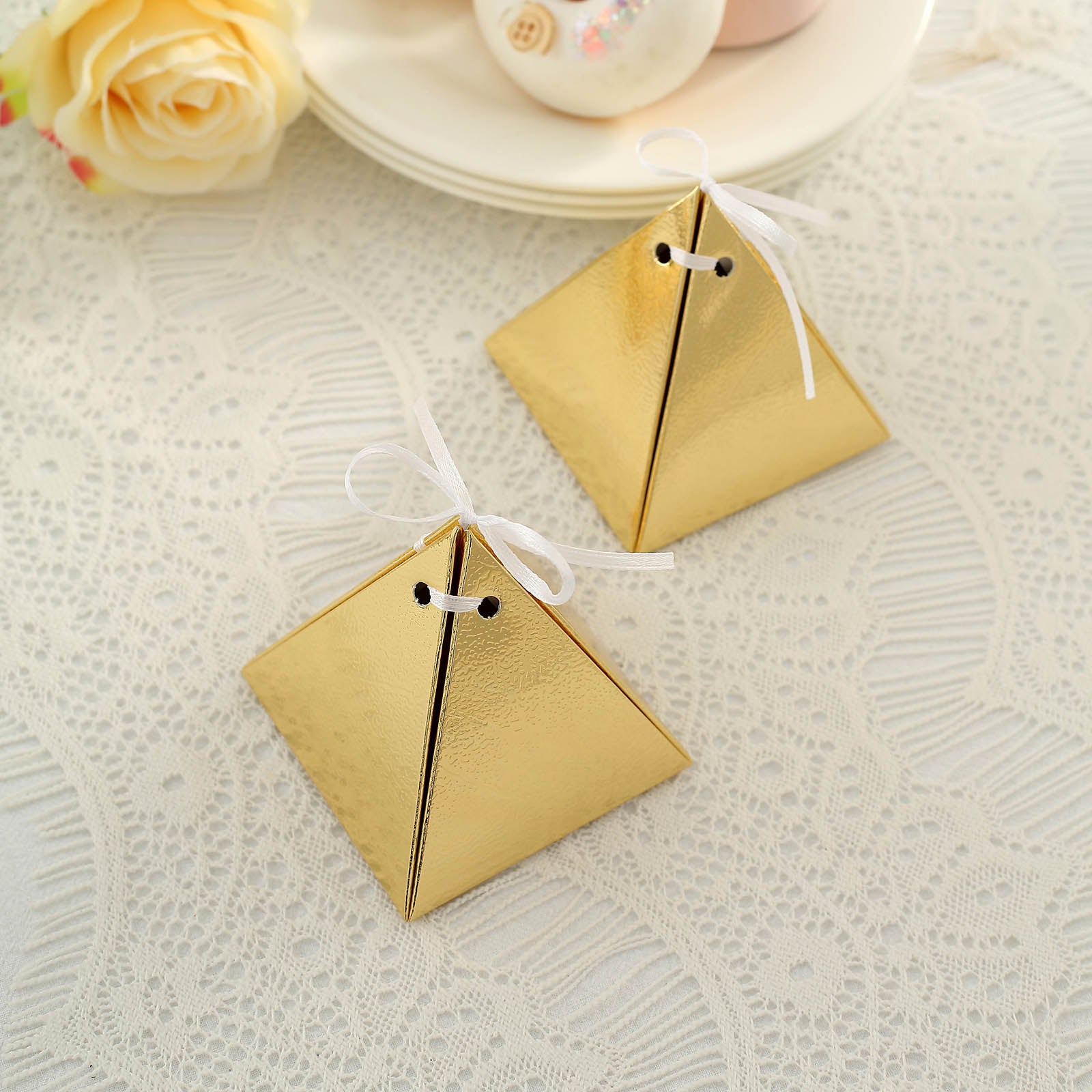 Pyramid Party Favor Boxes With Satin Ribbons Card Stock Wedding T