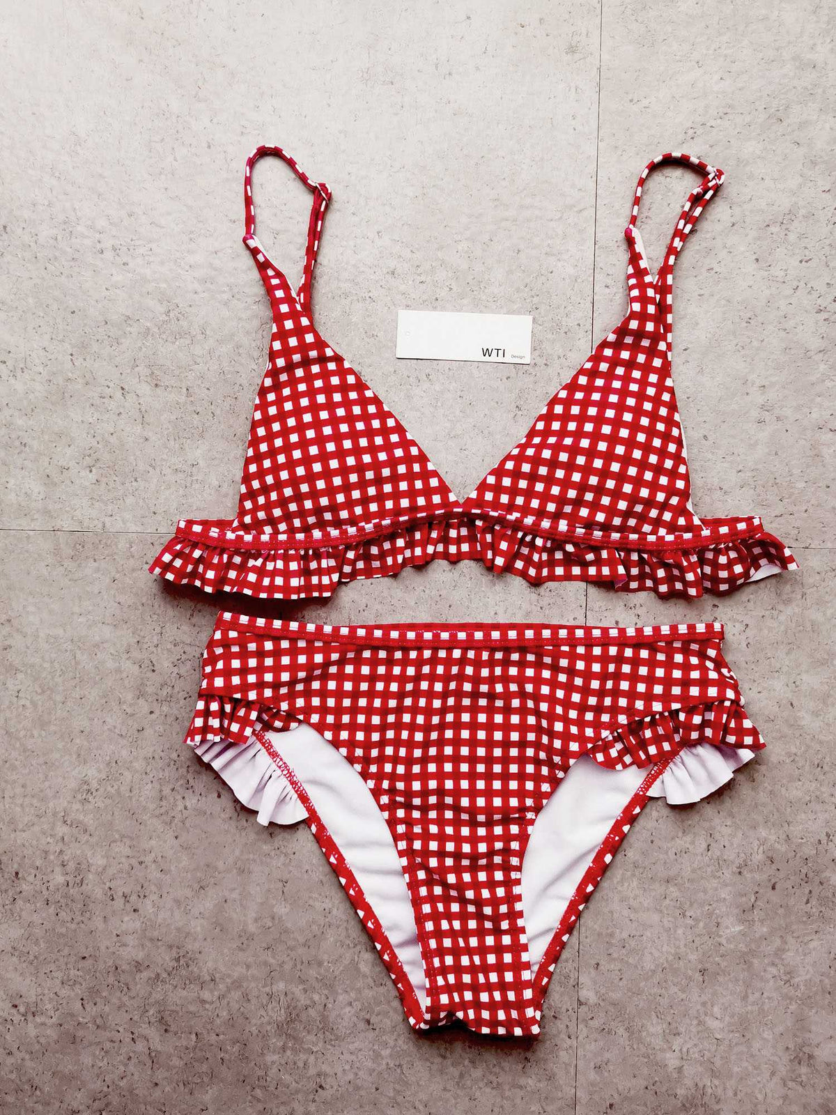 Gingham Ruffle Hems Triangle High Rise Bikini Set Wti Design