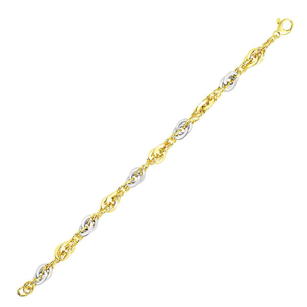 14k Two Tone Gold Interlaced Smooth And Textured Link Bracelet