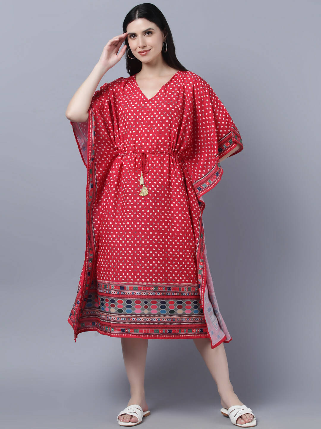 Myshka Womens Red White Ethnic Motifs Printed Kaftan Midi Dress