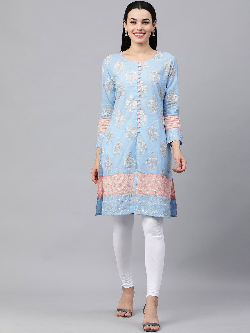 Kalini Women Blue Ethnic Motifs Printed Pure Cotton Kurta Distacart