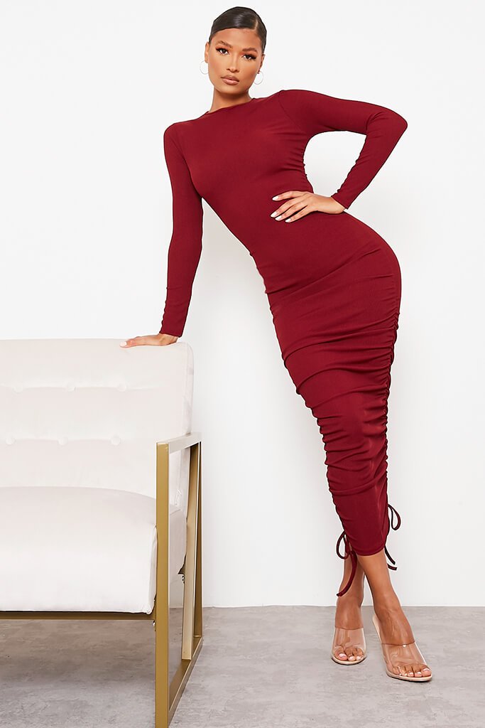 Burgundy Ribbed High Neck Long Sleeve Ruched Bodycon Midi Dress Midi