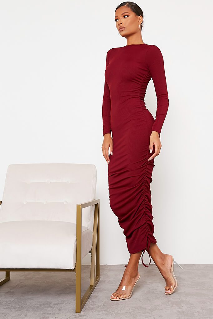 Burgundy Ribbed High Neck Long Sleeve Ruched Bodycon Midi Dress Midi