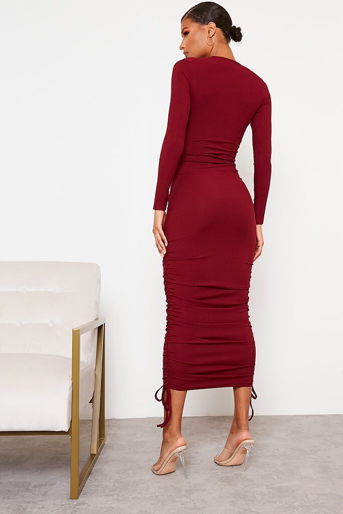 Burgundy Ribbed High Neck Long Sleeve Ruched Bodycon Midi Dress Midi