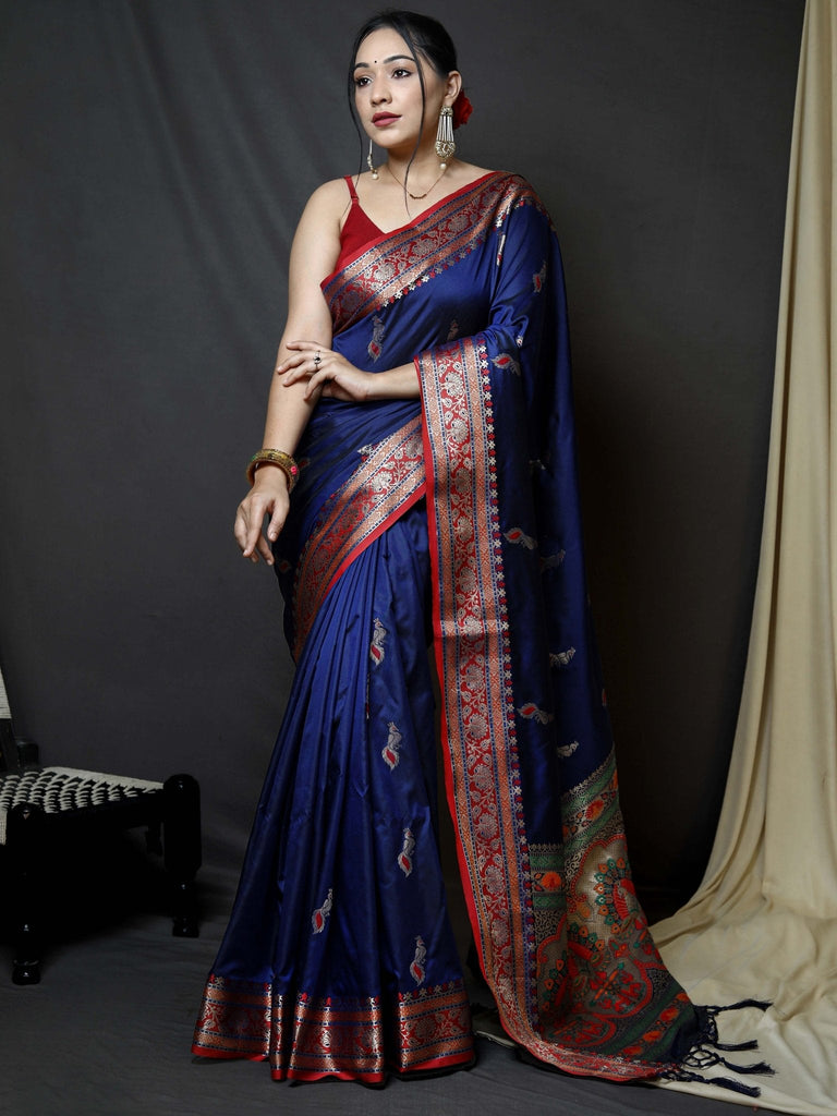 Navy Blue Saree In Paithani Silk With Peacock Zari Contrast