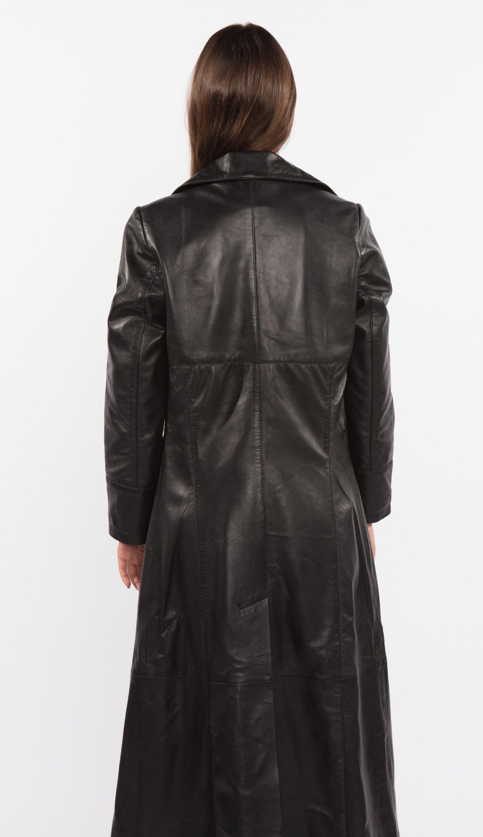 Ladies 3 Button Matrix Leather Coat Long Trench Fadcloset