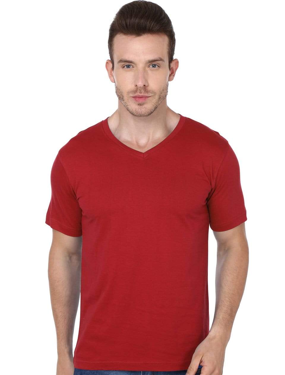 Mens V Neck Plain T Shirt Red Regular Fit Wolfattire