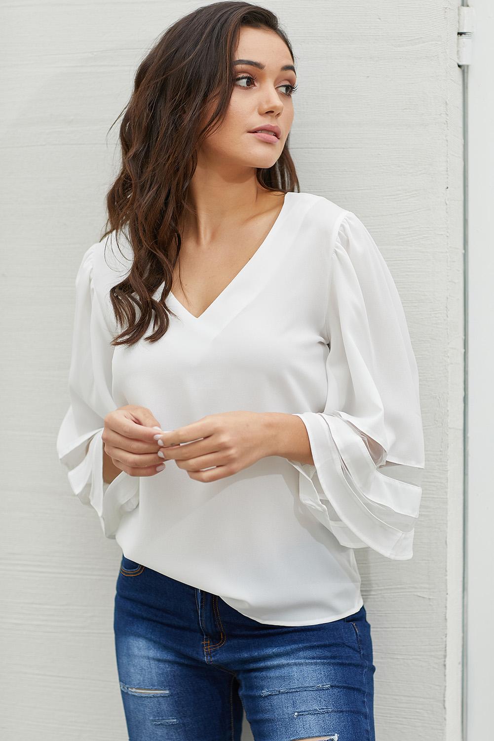 White Flare Sleeve V Neck Loose Womens Chiffon Blouse Mb251204 1