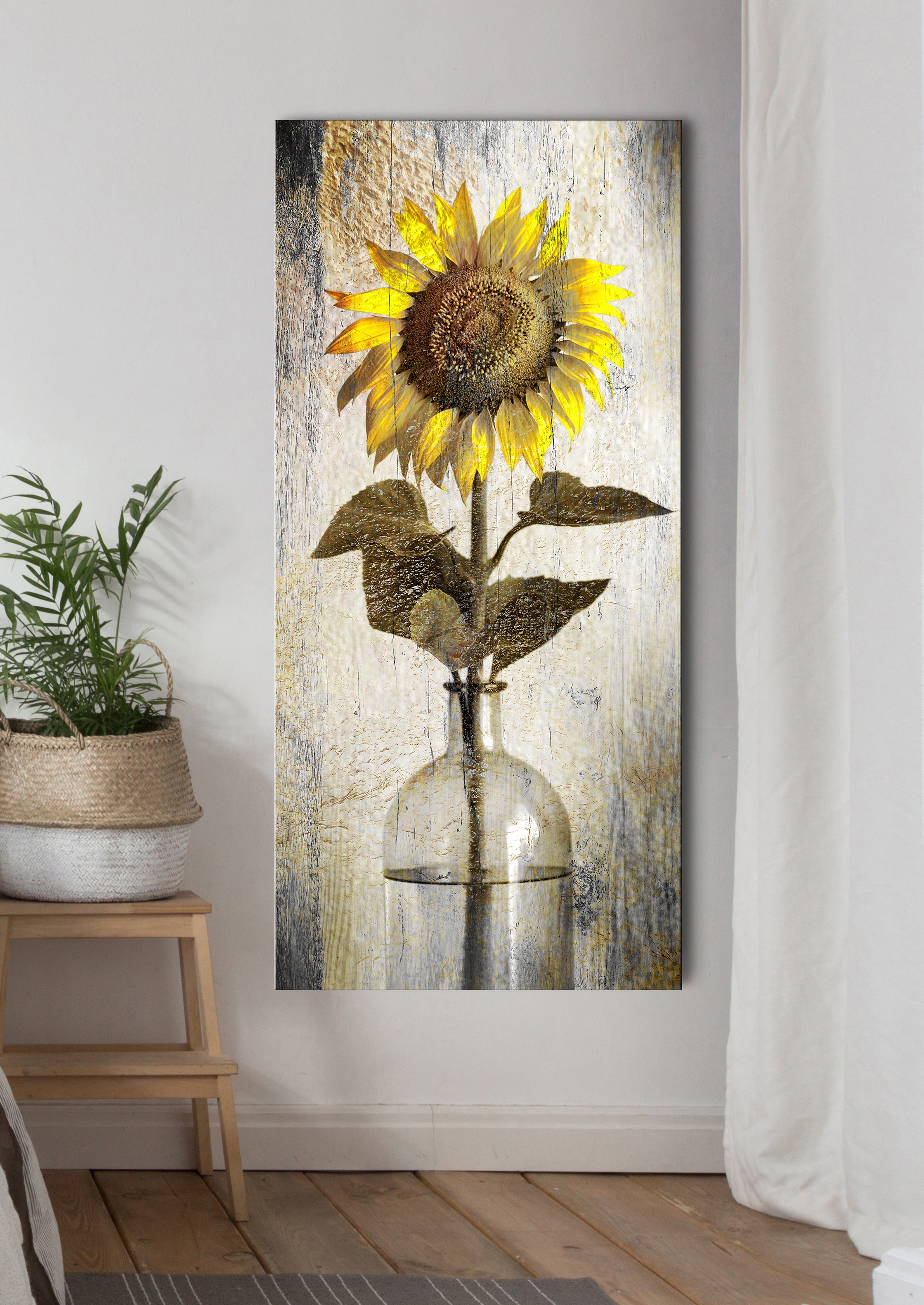 Flowers Wall Art Vintage Sunflower In Vase Wood Frame Ready To Hang