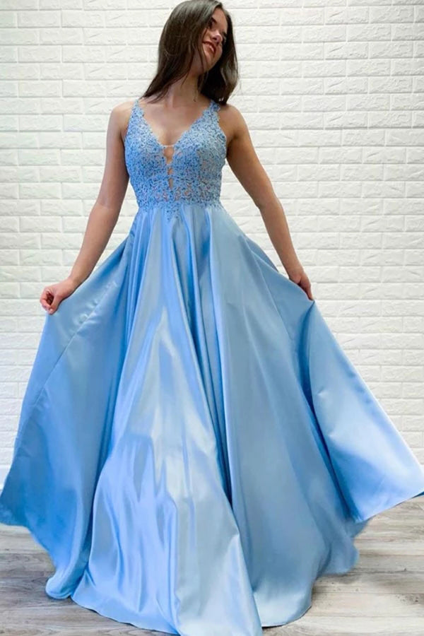 Blue Satin A Line V Neck Long Prom Dresses Party Dresses With Lace App