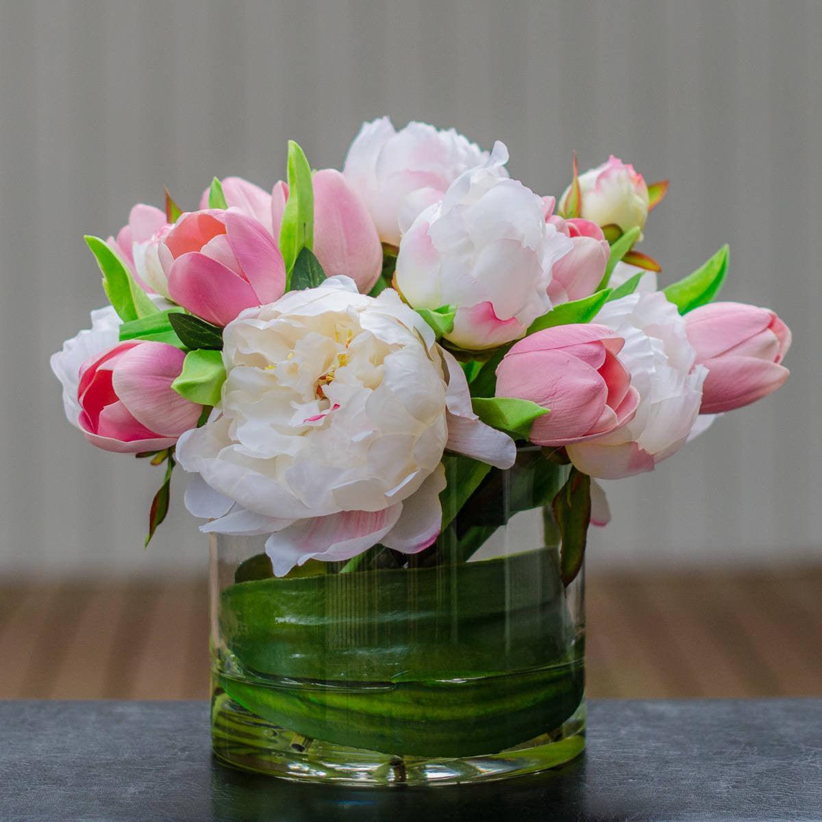 Silk White Peony And Real Touch Pink Tulip Arrangement Flovery