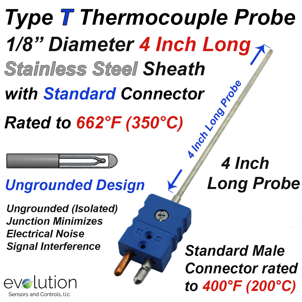 Type T Thermocouple Probe With Standard Connector 4 Inches Long 18