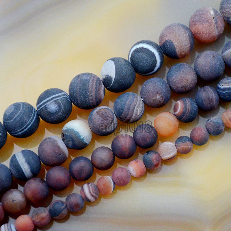 Matte Natural Striated Stripe Agate Gemstone Round Loose Beads On A 15