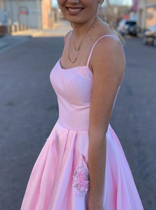 Simple Pink A Line Spaghetti Straps Satin Long Prom Dresses Ombreprom