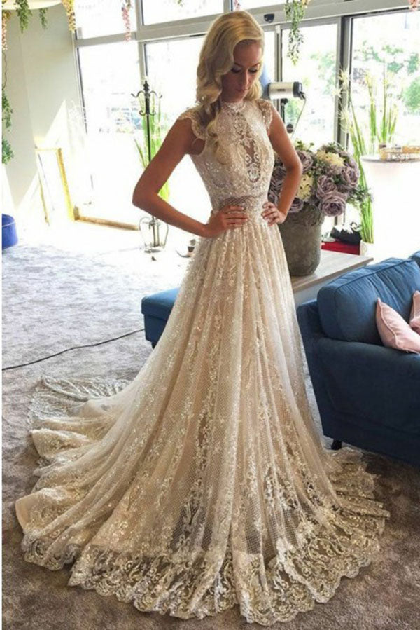 Stunning Appliques High Neck Lace Wedding Dress With Sequins W493