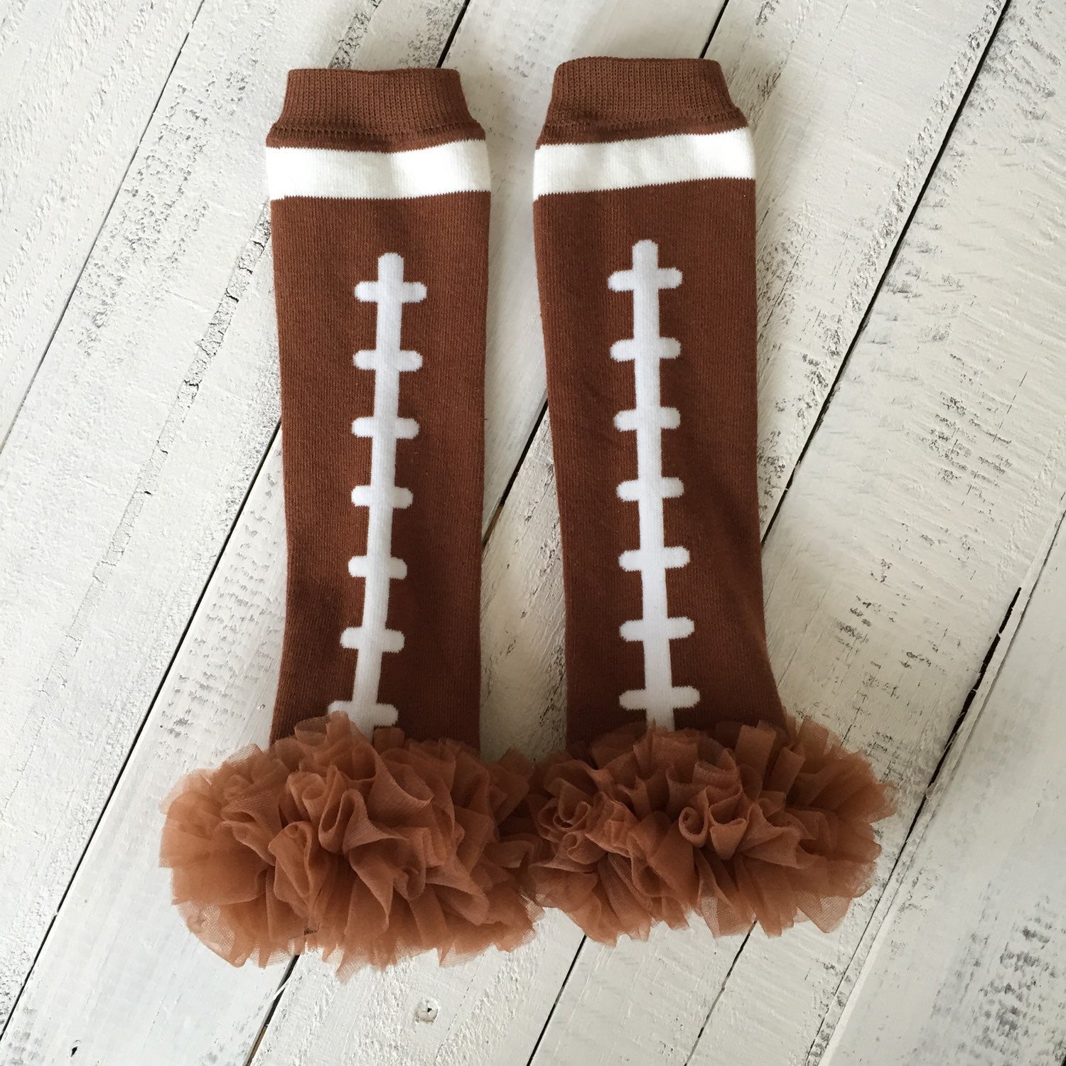 Football Leg Warmers With Ruffle Brown White Pink Magentaplum