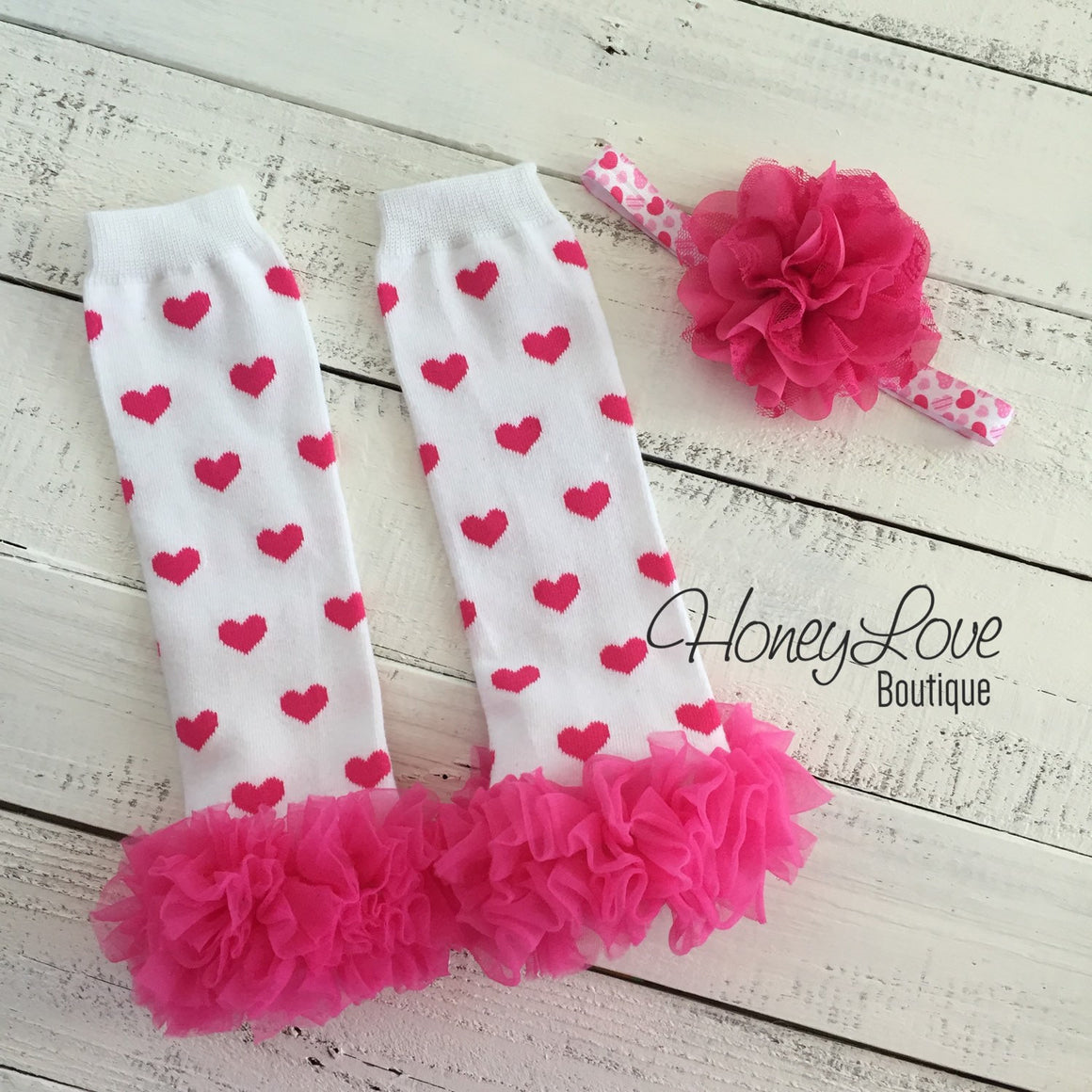 Whitehot Pink Hearts Ruffle Bottom Leg Warmers And Matching Headband