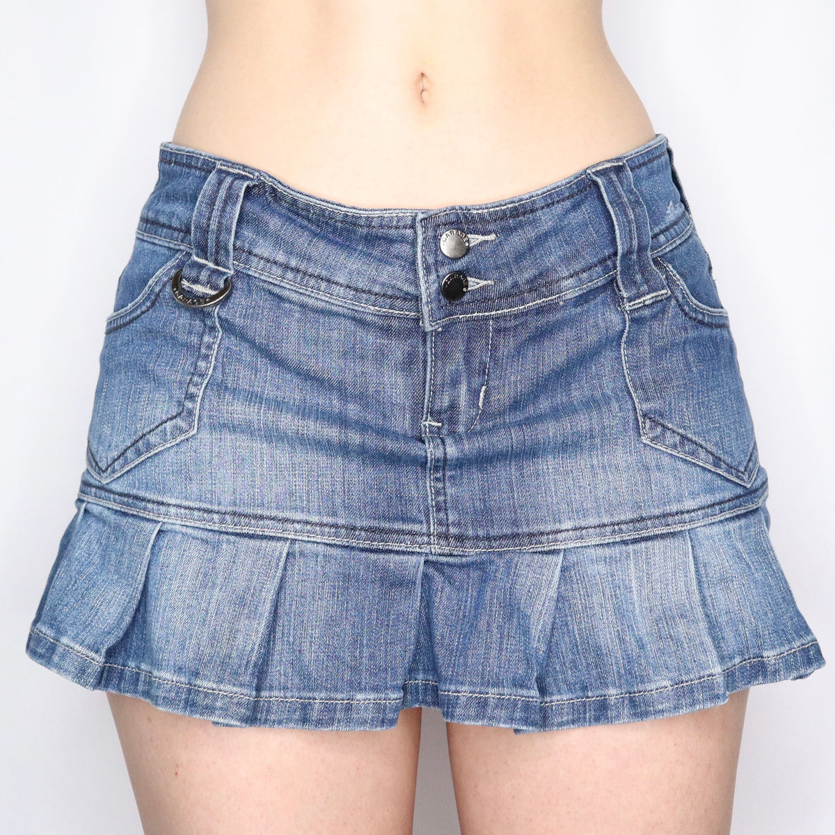 Early 2000s Low Rise Pleated Denim Mini Skirt — Holy Thrift