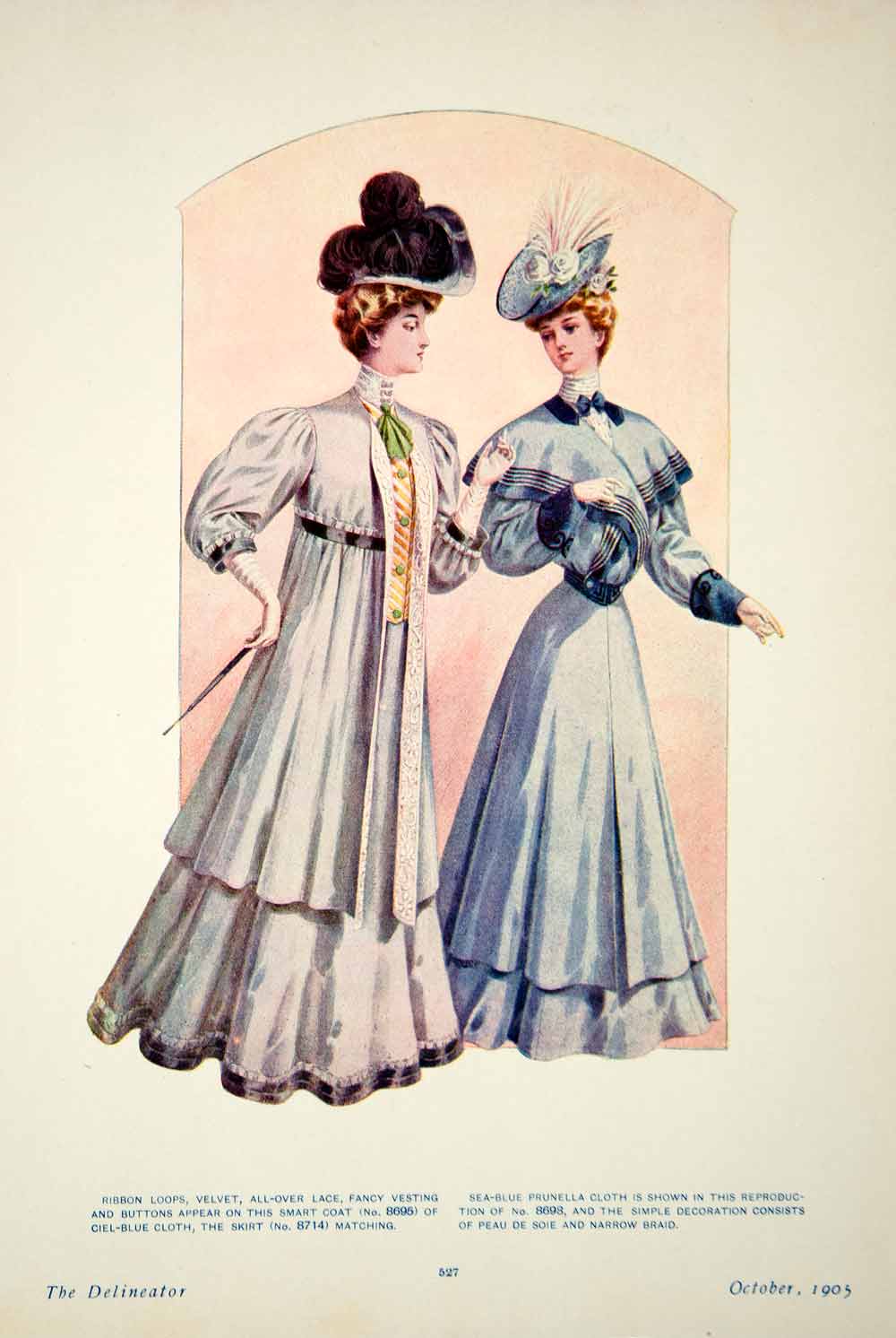 1905 Color Print Delineator Edwardian Women Fashion Dress Coat Peau De