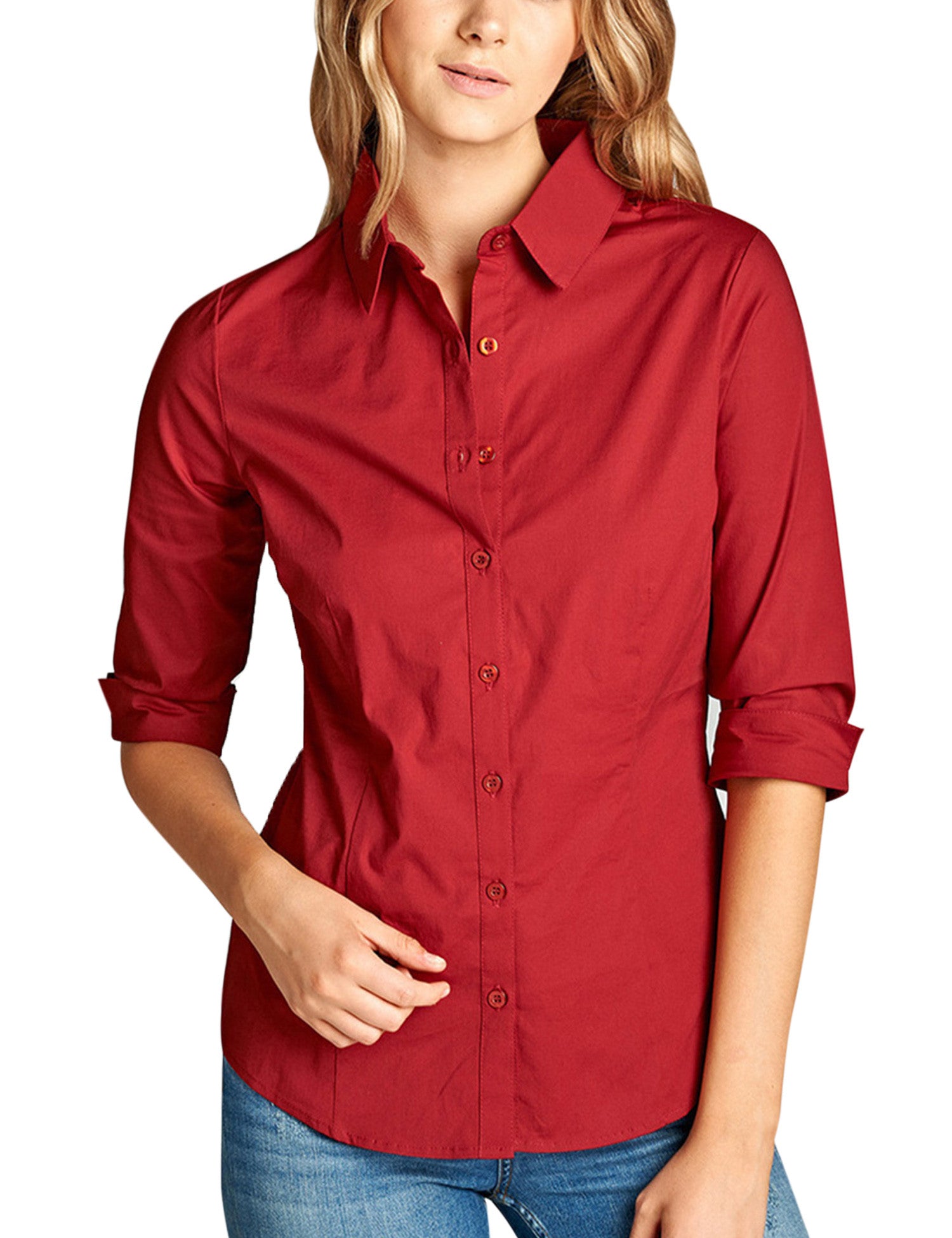 Womens Classic Solid 34 Sleeve Button Down Blouse Dress Shirt Kogmo