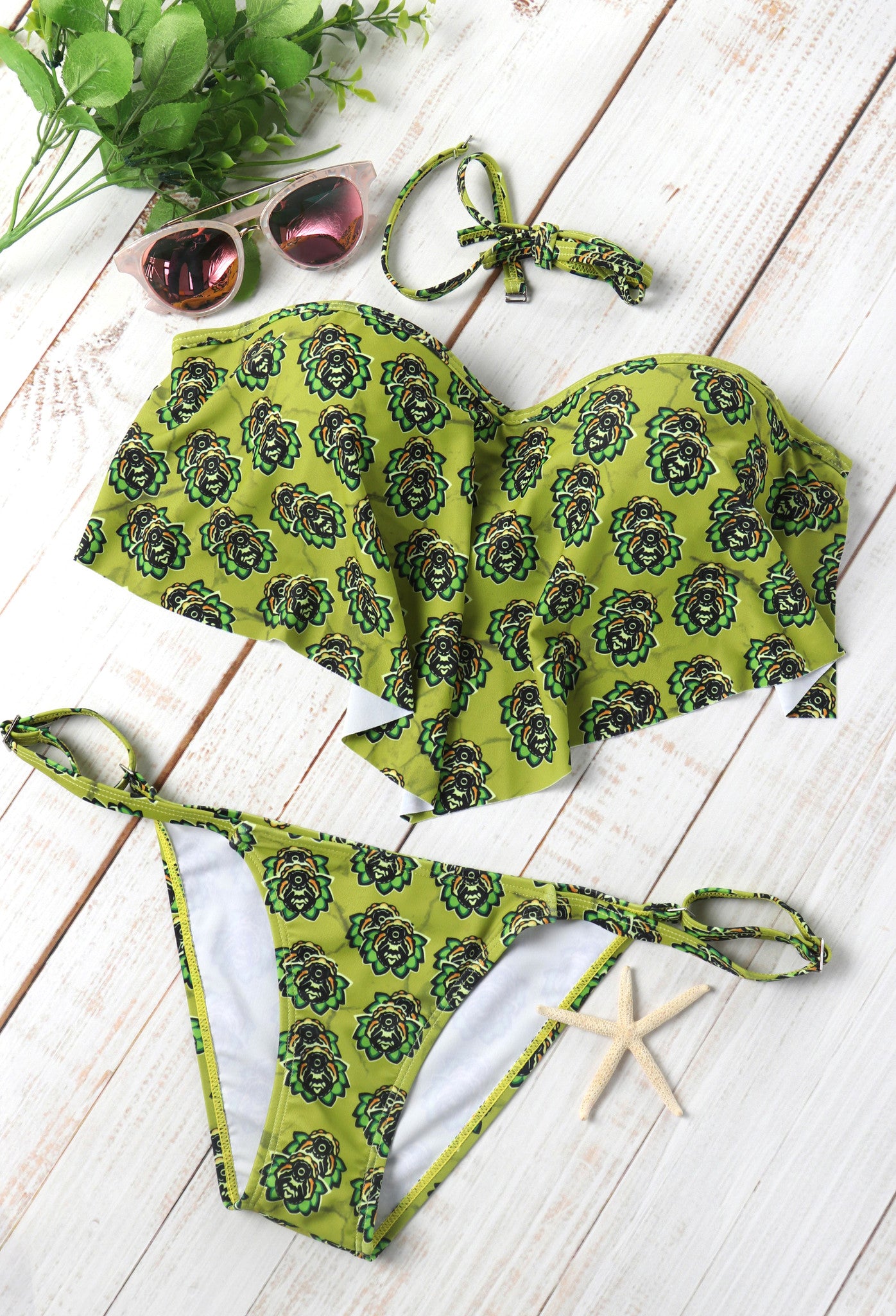 Flower Printed Ruffled Halter Bikini Sets Firevogue