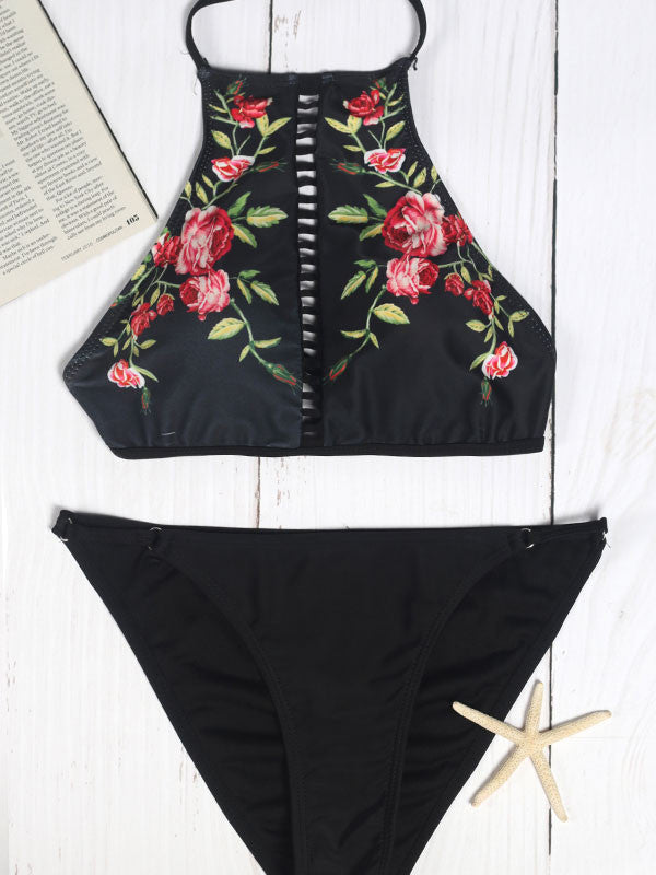 Black Embroidery Cut Out High Neck Halter Bikini Sets Firevogue