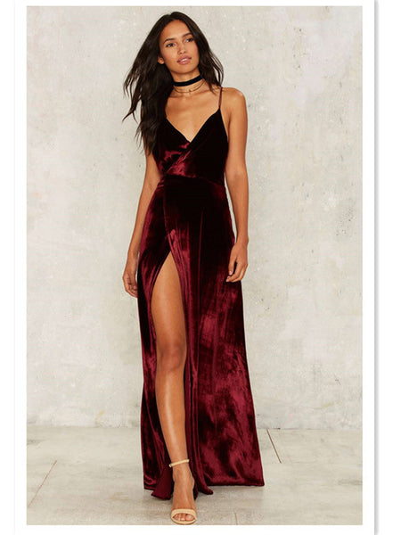 Wine Red Velvet Open Back Slit Plunging Dress Firevogue