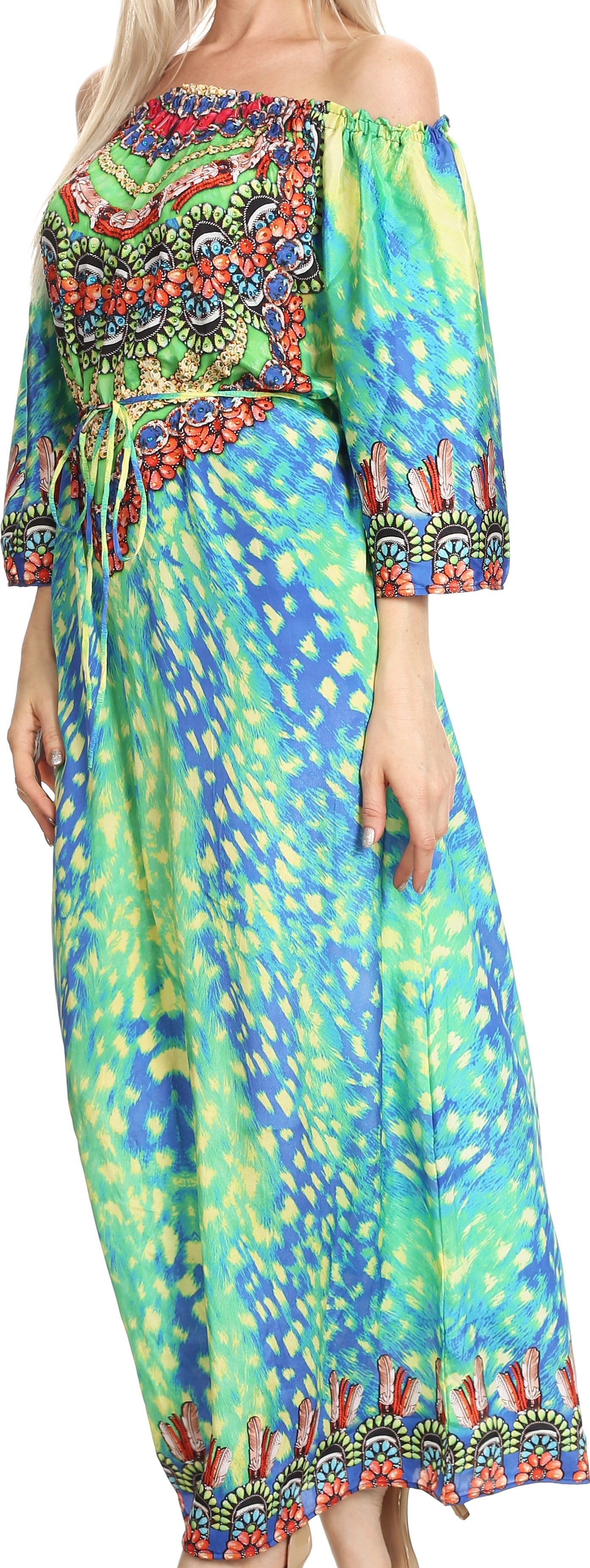 Sakkas Efiya Long Printed Kaftan Off The Shoulder Ruffled Tie Waist Ma