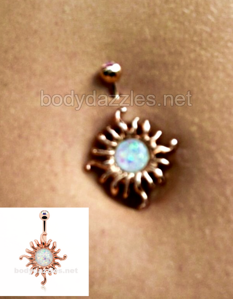 Rose Gold Opal Sun Illuminating Belly Button Ring 14ga Navel Ring Body