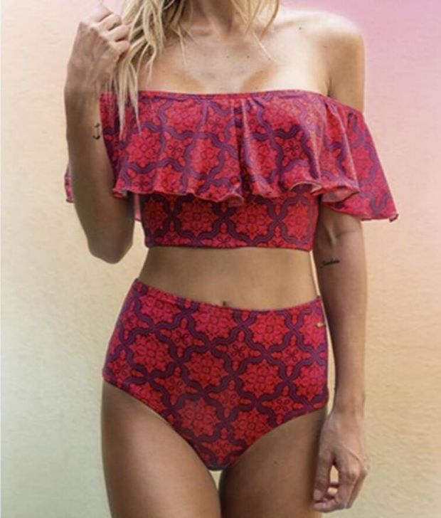 Fashion Falbala Print A Word Shoulder High Waist Two Piece Bikini Swim