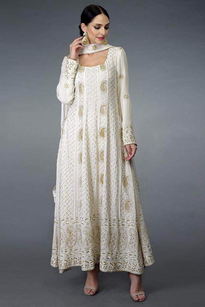 Beautiful Pure Georgette Handwork Chikankari Off White Anarkali Suit