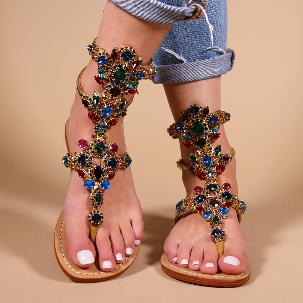 Jeweled And Embellished Flat Leather Womens Sandals Mystique Sandals