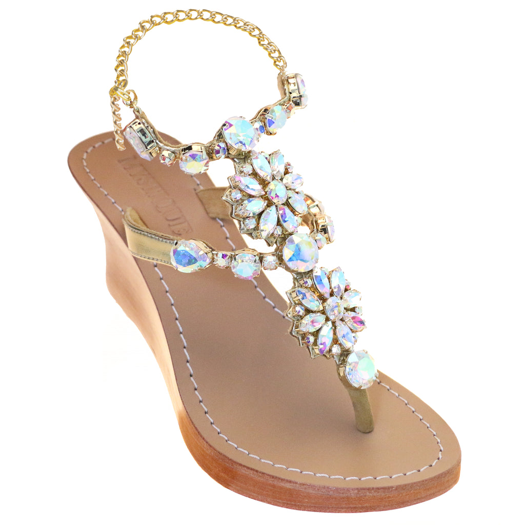 Womens Jeweled And Embellished Wedge Leather Sandals Mystique Sandals