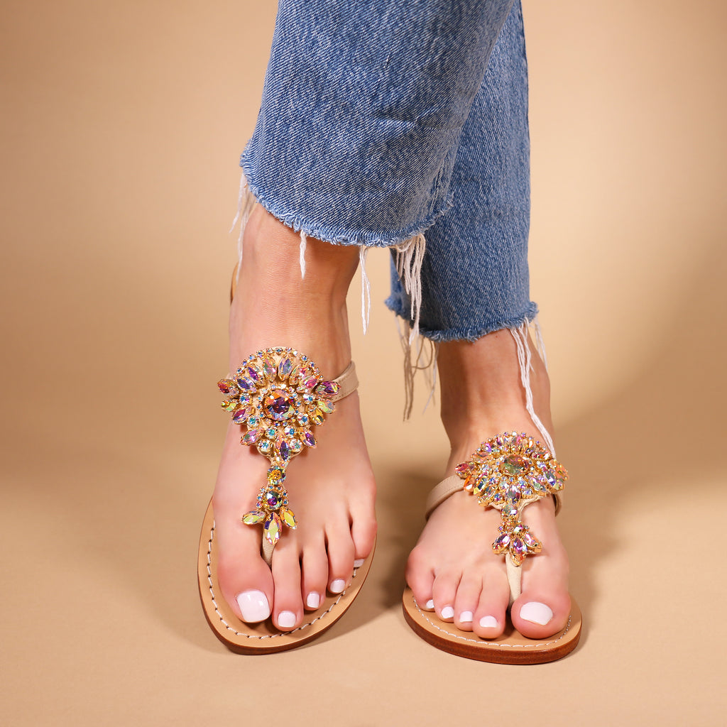 Jeweled And Embellished Flat Leather Womens Sandals Mystique Sandals