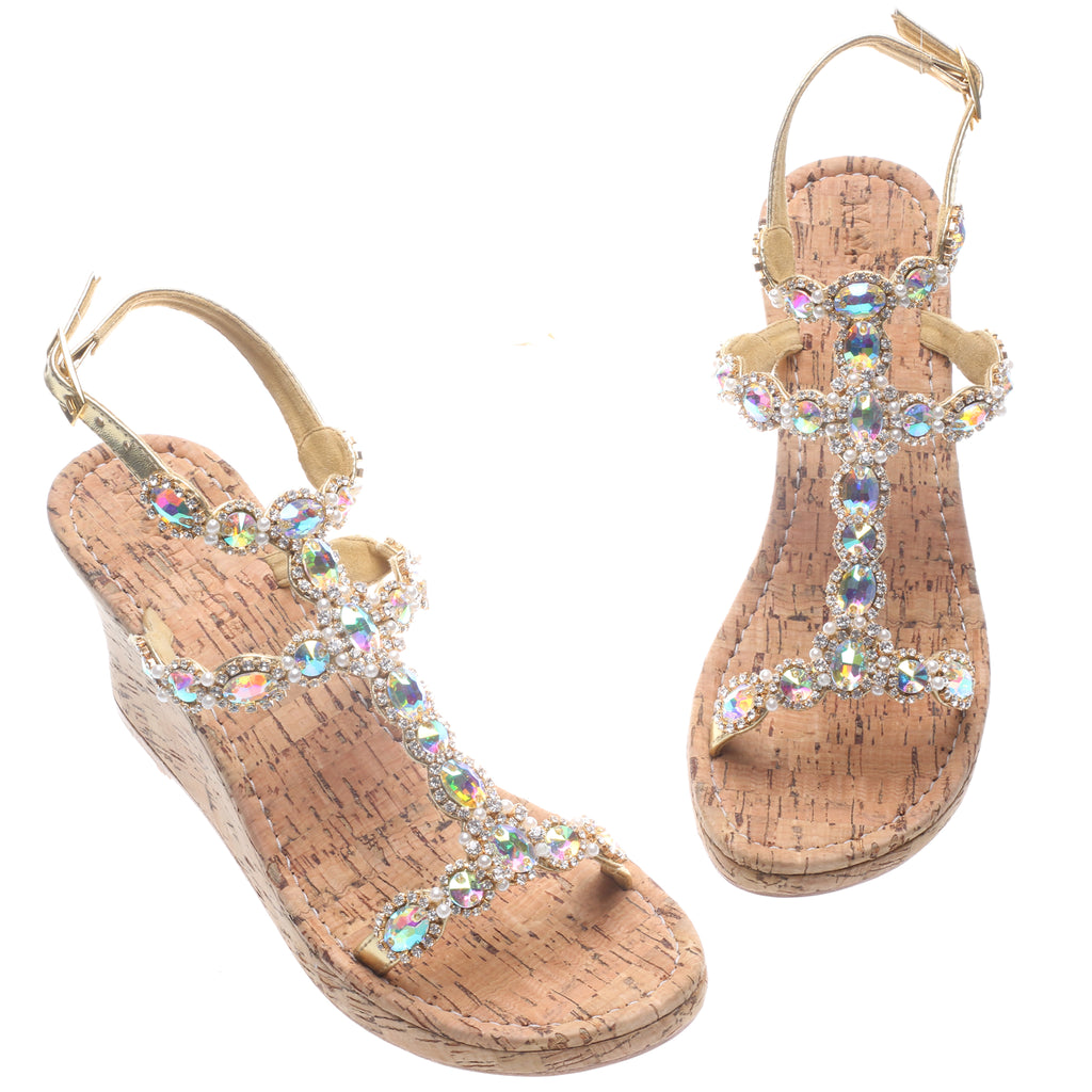 Bermuda Womens Gold Embellished Cork Wedges Mystique Sandals