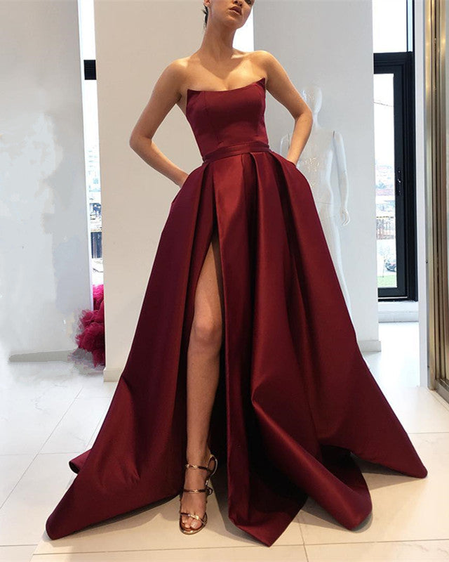 Strapless Bodice Corset Long Satin Leg Split Evening Dresses 2018