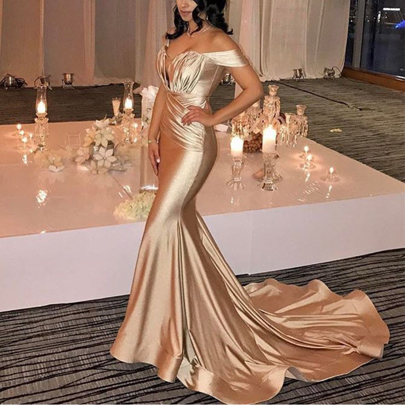 Ruched Sweetheart Long Champagne Satin Mermaid Evening Dress Alinanova