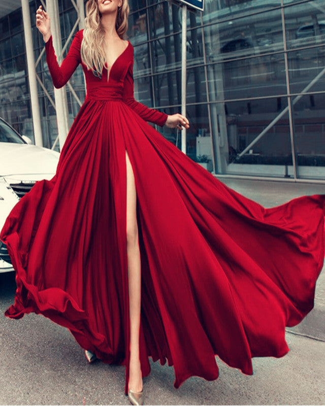 Long Sleeves Prom Dresses V Neck Chiffon Split Evening Gowns 2019